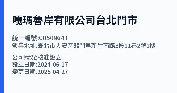 嘎瑪魯岸有限公司台北門市的照片-統編 00509641(臺北市) 公司登記資料與營業項目詳細圖表