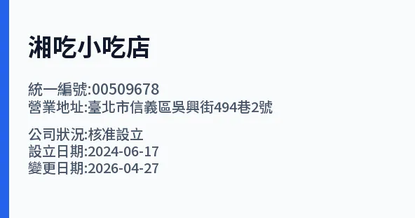 湘吃小吃店的照片-統編 00509678(臺北市) 公司登記資料與營業項目詳細圖表