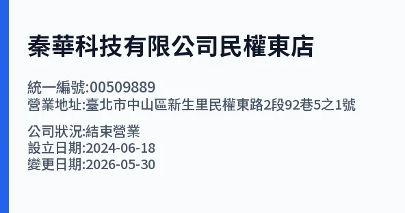 秦華科技有限公司民權東店的照片-統編 00509889(臺北市) 公司登記資料與營業項目詳細圖表
