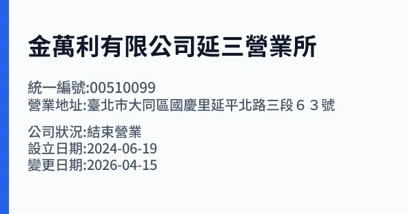 金萬利有限公司延三營業所的照片-統編 00510099(臺北市) 公司登記資料與營業項目詳細圖表
