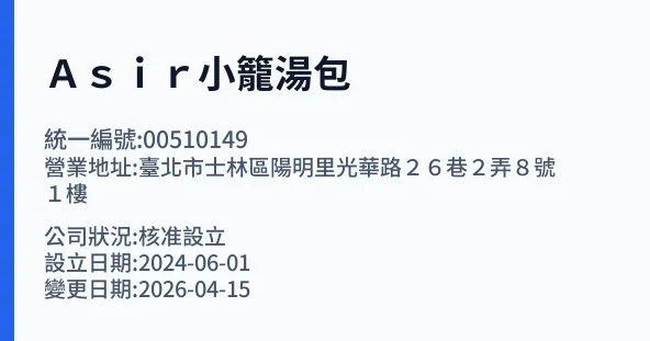 Ａｓｉｒ小籠湯包的照片-統編 00510149(臺北市) 公司登記資料與營業項目詳細圖表