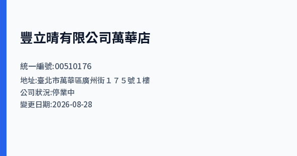 豐立晴有限公司萬華店的照片-統編 00510176(臺北市) 公司登記資料與營業項目詳細圖表