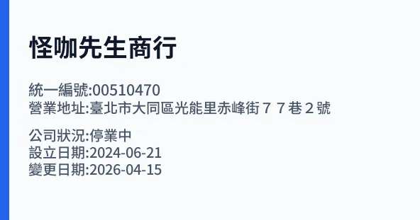 怪咖先生商行的照片-統編 00510470(臺北市) 公司登記資料與營業項目詳細圖表