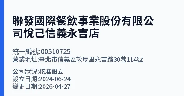 聯發國際餐飲事業股份有限公司悅己信義永吉店的照片-統編 00510725(臺北市) 公司登記資料與營業項目詳細圖表