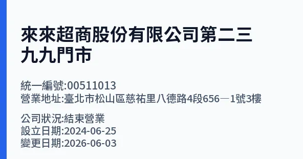 來來超商股份有限公司第二三九九門市的照片-統編 00511013(臺北市) 公司登記資料與營業項目詳細圖表