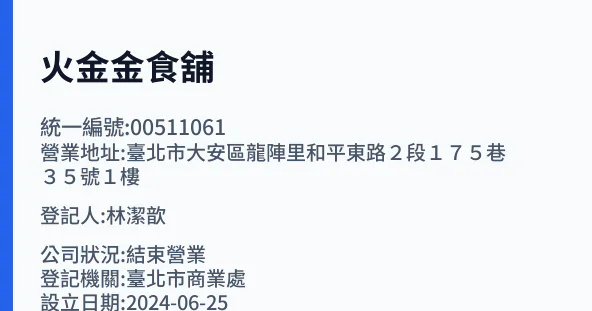 火金金食舖的照片-統編 00511061(臺北市) 公司登記資料與營業項目詳細圖表