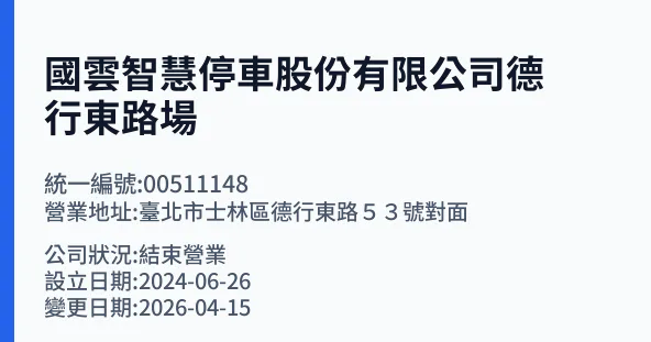 國雲智慧停車股份有限公司德行東路場的照片-統編 00511148(臺北市) 公司登記資料與營業項目詳細圖表