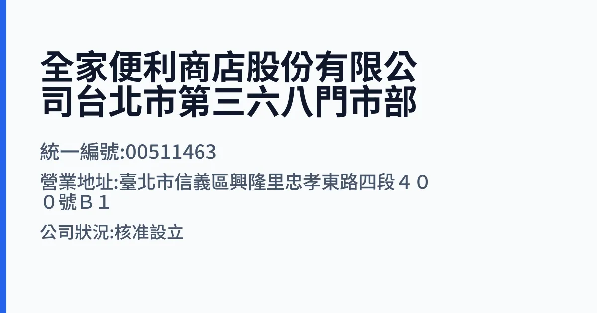 全家便利商店股份有限公司台北市第三六八門市部 - 統編 00511463(臺北市) 公司登記資料與營業項目詳細圖表