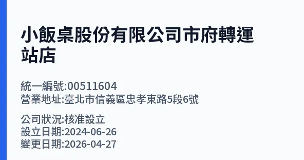 小飯桌股份有限公司市府轉運站店的照片-統編 00511604(臺北市) 公司登記資料與營業項目詳細圖表