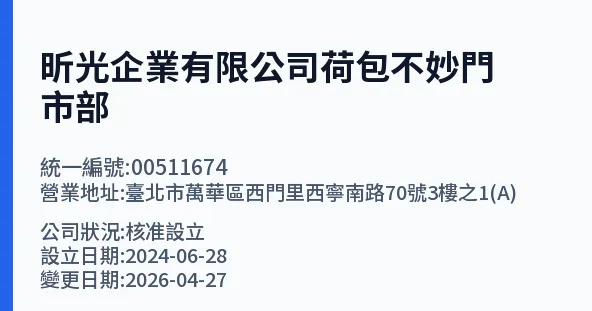 昕光企業有限公司荷包不妙門市部的照片-統編 00511674(臺北市) 公司登記資料與營業項目詳細圖表