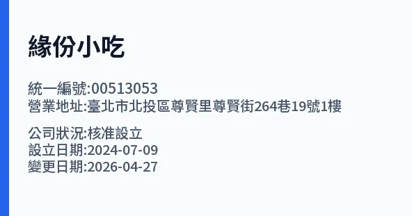 緣份小吃的照片-統編 00513053(臺北市) 公司登記資料與營業項目詳細圖表