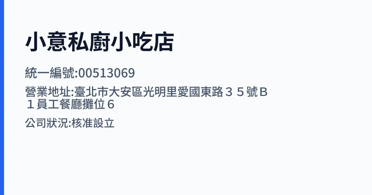 小意私廚小吃店 - 統編 00513069（臺北市） 公司登記資料與營業項目詳細圖表