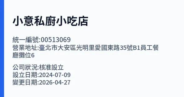 小意私廚小吃店的照片-統編 00513069(臺北市) 公司登記資料與營業項目詳細圖表