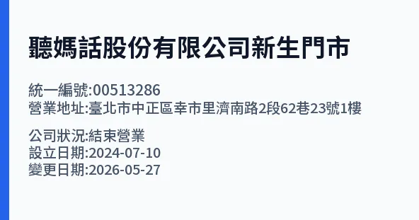 聽媽話股份有限公司新生門市的照片-統編 00513286(臺北市) 公司登記資料與營業項目詳細圖表