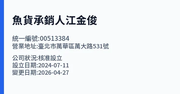 魚貨承銷人江金俊的照片-統編 00513384(臺北市) 公司登記資料與營業項目詳細圖表