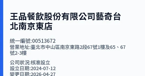 王品餐飲股份有限公司藝奇台北南京東店的照片-統編 00513672(臺北市) 公司登記資料與營業項目詳細圖表