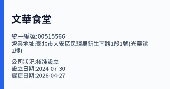 文華食堂的照片-統編 00515566(臺北市) 公司登記資料與營業項目詳細圖表
