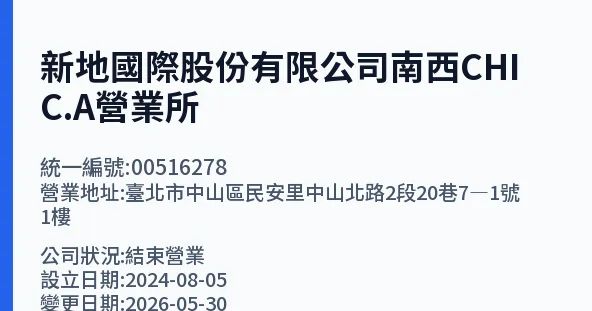 新地國際股份有限公司南西CHIC.A營業所的照片-統編 00516278(臺北市) 公司登記資料與營業項目詳細圖表