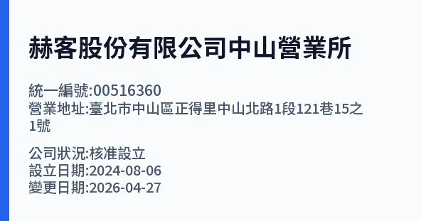 赫客股份有限公司中山營業所的照片-統編 00516360(臺北市) 公司登記資料與營業項目詳細圖表