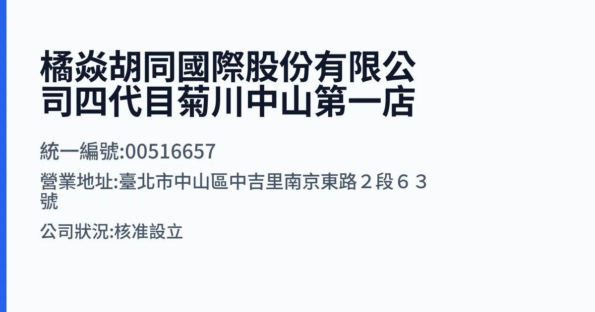 橘焱胡同國際股份有限公司四代目菊川中山第一店 - 統編 00516657(臺北市) 公司登記資料與營業項目詳細圖表