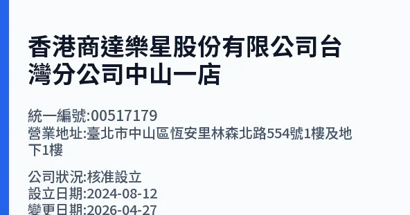 香港商達樂星股份有限公司台灣分公司中山一店的照片-統編 00517179(臺北市) 公司登記資料與營業項目詳細圖表