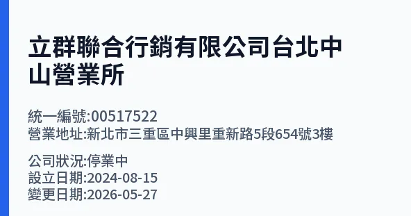 立群聯合行銷有限公司台北中山營業所的照片-統編 00517522(新北市) 公司登記資料與營業項目詳細圖表