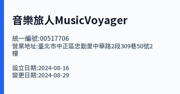 音樂旅人MusicVoyager的照片-統編 00517706(臺北市) 公司登記資料與營業項目詳細圖表