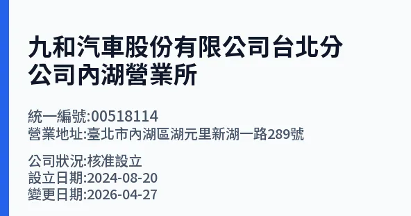 九和汽車股份有限公司台北分公司內湖營業所的照片-統編 00518114(臺北市) 公司登記資料與營業項目詳細圖表