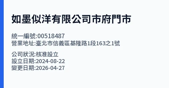 如墨似洋有限公司市府門市的照片-統編 00518487(臺北市) 公司登記資料與營業項目詳細圖表