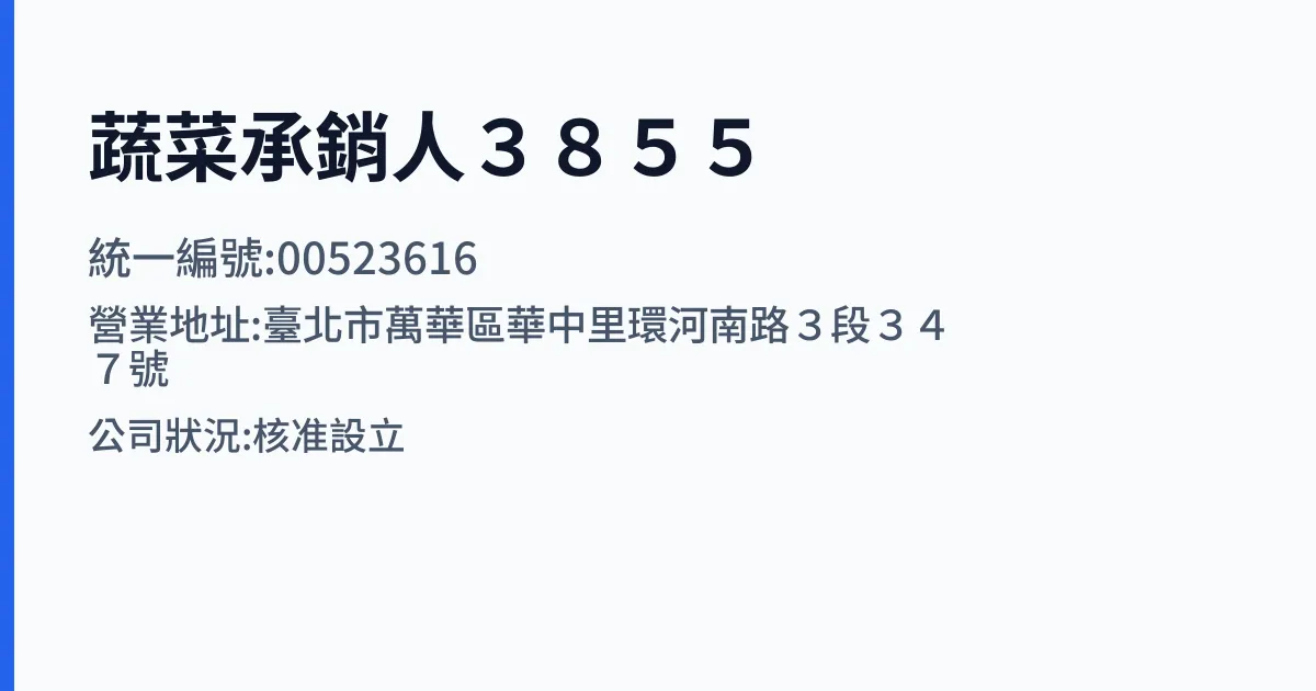 蔬菜承銷人3855 - 統編 00523616 (臺北市) 公司登記資料與營業項目詳細圖表