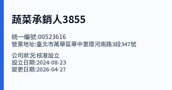 蔬菜承銷人3855的照片-統編 00523616(臺北市) 公司登記資料與營業項目詳細圖表