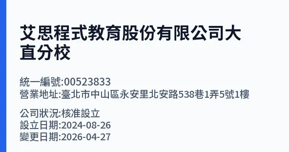 艾思程式教育股份有限公司大直分校的照片-統編 00523833(臺北市) 公司登記資料與營業項目詳細圖表