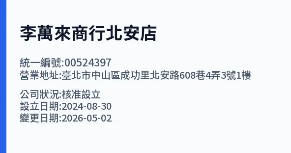 李萬來商行北安店的照片-統編 00524397(臺北市) 公司登記資料與營業項目詳細圖表