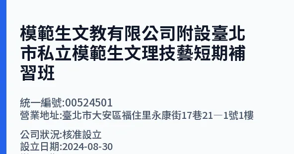 模範生文教有限公司附設臺北市私立模範生文理技藝短期補習班的照片-統編 00524501(臺北市) 公司登記資料與營業項目詳細圖表