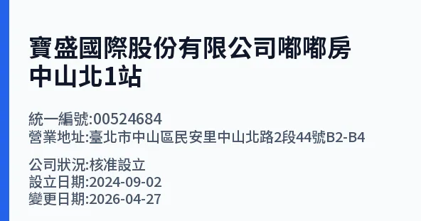 寶盛國際股份有限公司嘟嘟房中山北1站的照片-統編 00524684(臺北市) 公司登記資料與營業項目詳細圖表