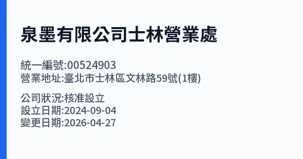 泉墨有限公司士林營業處的照片-統編 00524903(臺北市) 公司登記資料與營業項目詳細圖表