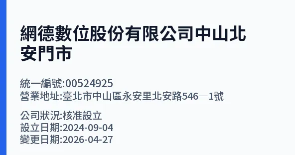 網德數位股份有限公司中山北安門市的照片-統編 00524925(臺北市) 公司登記資料與營業項目詳細圖表