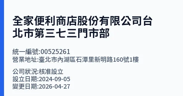 全家便利商店股份有限公司台北市第三七三門市部的照片-統編 00525261(臺北市) 公司登記資料與營業項目詳細圖表