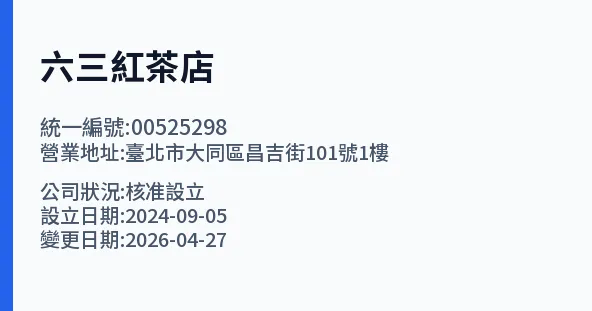 六三紅茶店的照片-統編 00525298(臺北市) 公司登記資料與營業項目詳細圖表