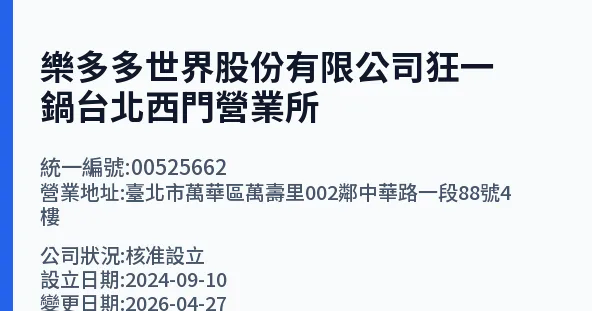 樂多多世界股份有限公司狂一鍋台北西門營業所的照片-統編 00525662(臺北市) 公司登記資料與營業項目詳細圖表