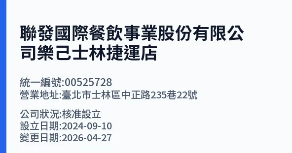 聯發國際餐飲事業股份有限公司樂己士林捷運店的照片-統編 00525728(臺北市) 公司登記資料與營業項目詳細圖表