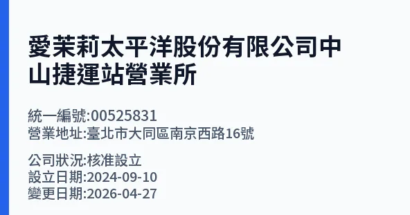 愛茉莉太平洋股份有限公司中山捷運站營業所的照片-統編 00525831(臺北市) 公司登記資料與營業項目詳細圖表