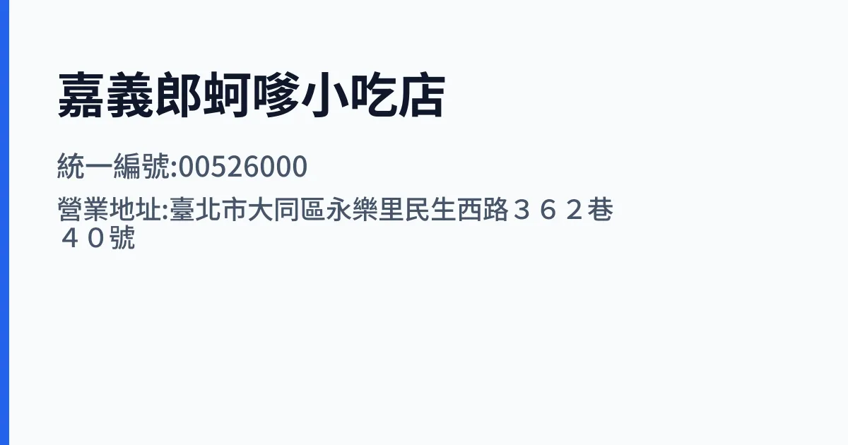 嘉義郎蚵嗲小吃店 - 統編 00526000(臺北市) 公司登記資料與營業項目詳細圖表
