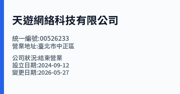 天遊網絡科技有限公司的照片-統編 00526233(臺北市) 公司登記資料與營業項目詳細圖表