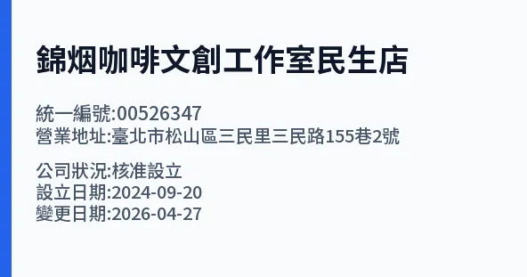 錦烟咖啡文創工作室民生店的照片-統編 00526347(臺北市) 公司登記資料與營業項目詳細圖表