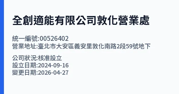 全創適能有限公司敦化營業處的照片-統編 00526402(臺北市) 公司登記資料與營業項目詳細圖表