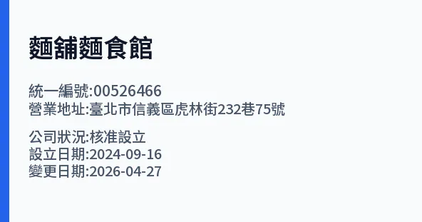 麵舖麵食館的照片-統編 00526466(臺北市) 公司登記資料與營業項目詳細圖表