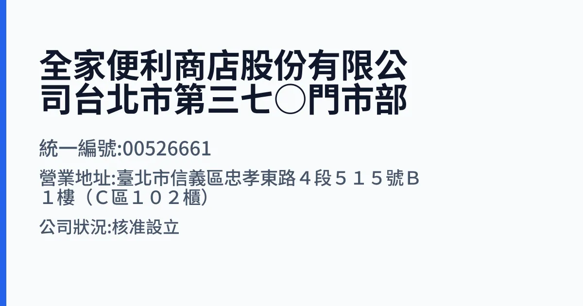 全家便利商店股份有限公司台北市第三七○門市部 - 統編 00526661(臺北市) 公司登記資料與營業項目詳細圖表