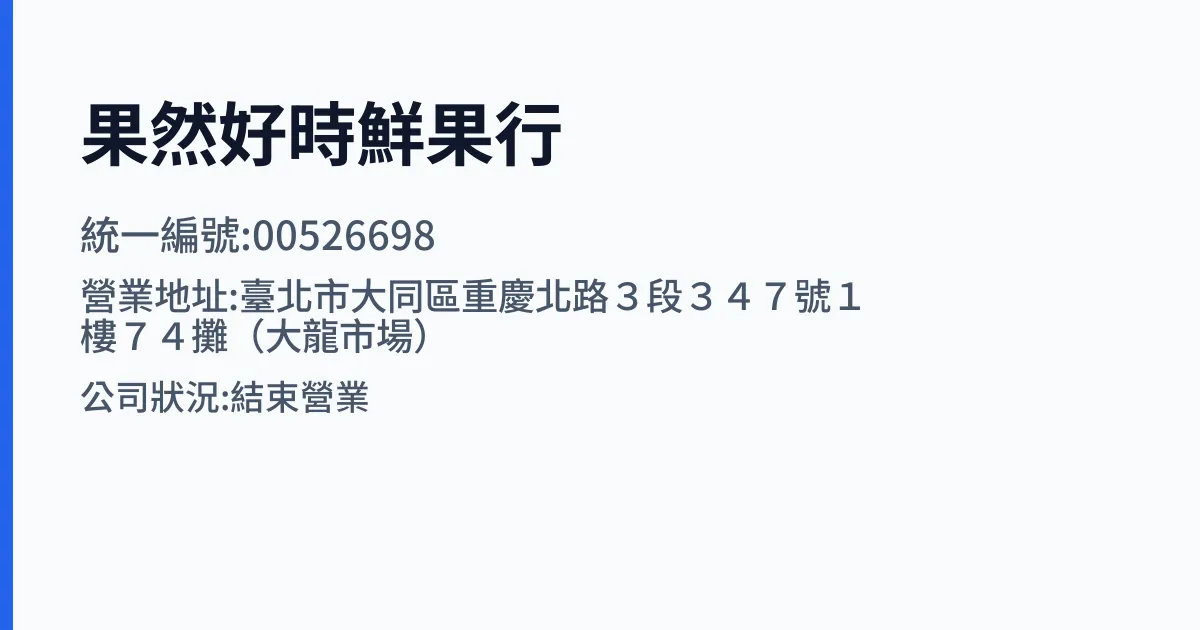 果然好時鮮果行 - 統編 00526698(臺北市) 公司登記資料與營業項目詳細圖表
