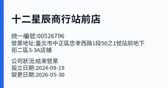 十二星辰商行站前店的照片-統編 00526796(臺北市) 公司登記資料與營業項目詳細圖表